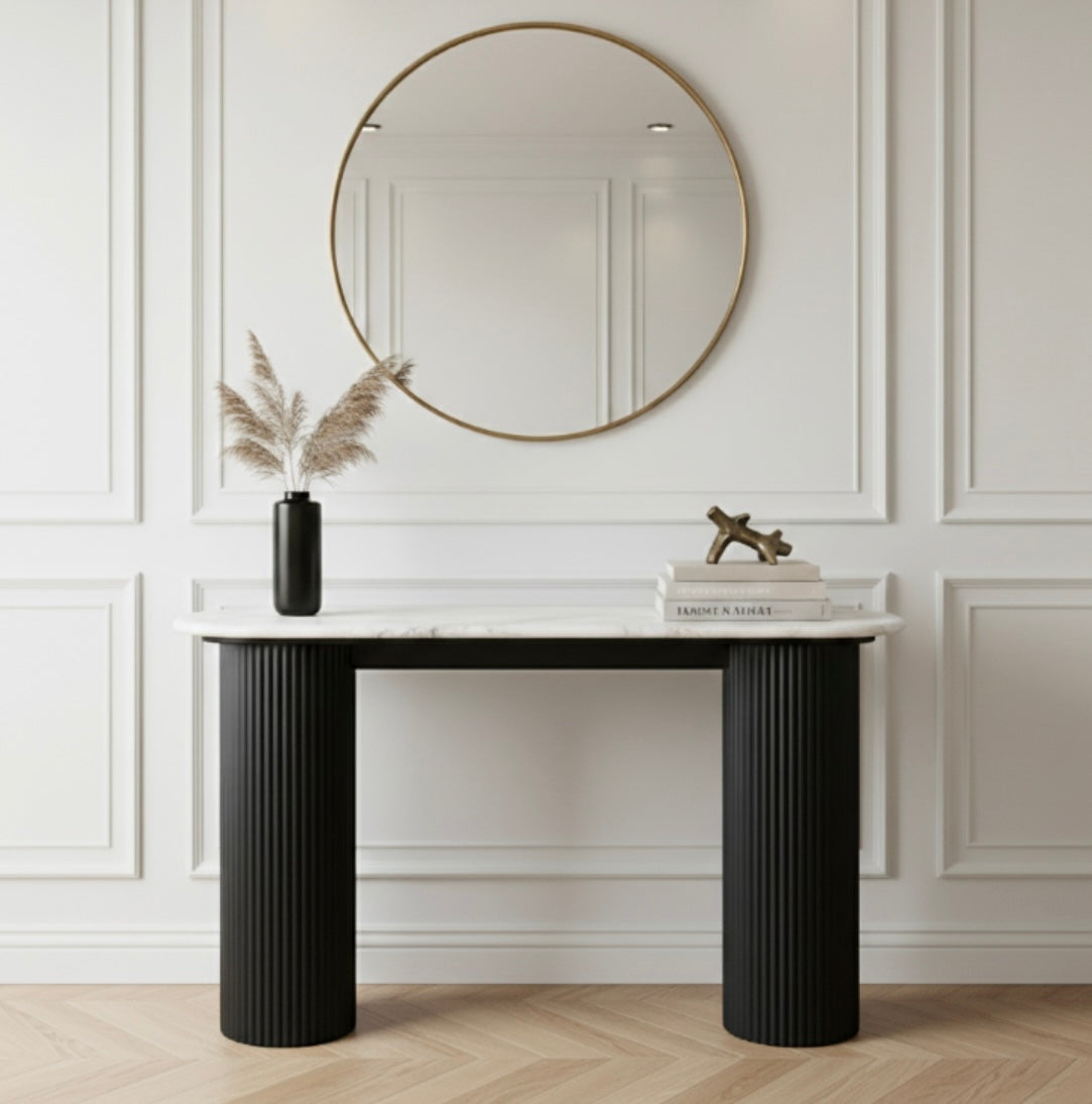 Tyler Travertine Top Console Table with Black Acacia Wood Legs